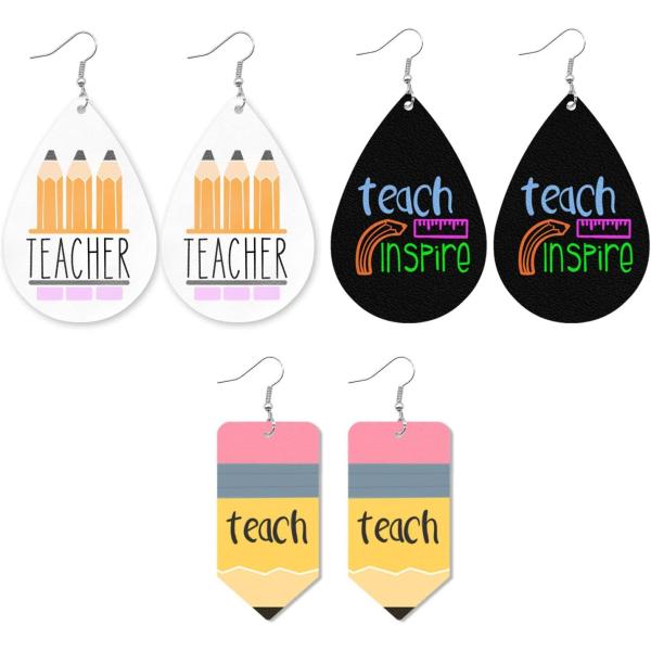 商品名教師用イヤリング 3組 女性用 鉛筆イヤリング 教師用 レザー ダングル ドロップ イヤリング バック 学校初日 先生用 ジュエリーギフト, 金属, 宝石なし3 Pairs Teacher Earrings for Women Pen...