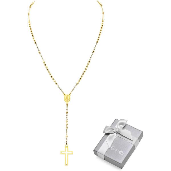 商品名ロザリオ ネックレス レディース メンズ - カトリック 祈り ロザリオ Y 祈り ビーズ ネックレス 聖母マリアと十字架付き 初聖体拝領や堅信礼の贈り物に最適 ゴールド/シルバー/ブラック, 60 cm, ステンレス鋼, アンバーG...