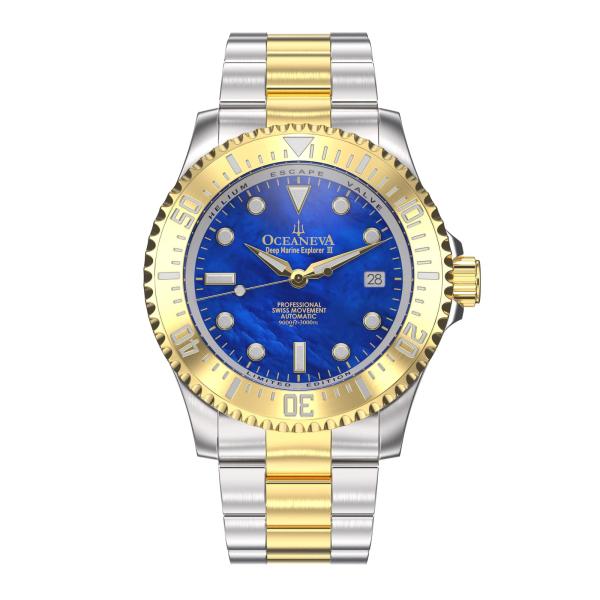 商品名:  Oceaneva〓 Men's Deep Marine Explorer III 3000M Pro Diver Watch Blue Mother of Pearl Dial Yellow Gold - Stainless S...