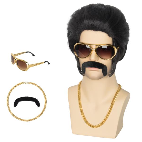 商品名:  Yan Dream Men Wig 50s 60s Rockstar Wig Short Black Wig with Sideburns Cosplay Costume Party Wig with Glasses Neckl...