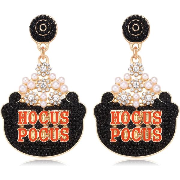 商品名ハロウィン ホーカス 大釜 ビーズ ダングルイヤリング 女性用 ステートメント ハンドメイド 面白い コスチューム パーティー イヤリング ホリデー フェスティブ ジュエリー ギフト ブラック パープル, 金属, クリスタルHallo...