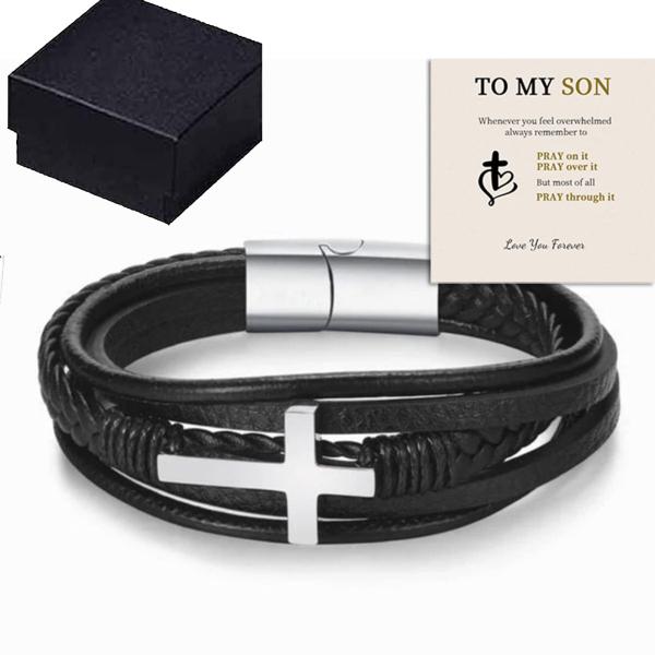 商品名:  Pesine to My Son- Love You Forever Pray Through It Leather Cross Bracelet Inspirational Bracelets Mens Stainless S...