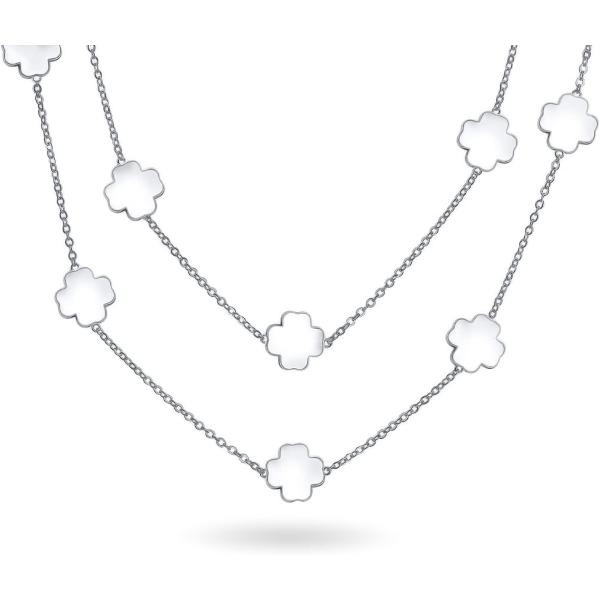 商品名白い花の長い金めっき真珠エナメル駅チェーン ラップ層クローバー ネックレス女性のための 40 インチBling Jewelry White Flower Long Gold Plated Pearlized Enamel Statio...