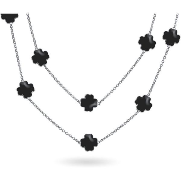 商品名[Bling Jewelry] 黒い花の長い銀メッキパールエナメル駅チェーンラップレイヤークローバーネックレス女性用40インチBlack Flower Long Silver Plated Pearlized Enamel Stati...