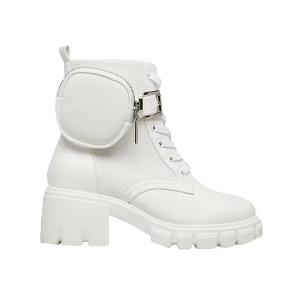 商品名:  JustFab Tanzi Lug Sole Booties for Women - White Chunky Heeled Combat Boots, Faux Leather Platform Boots, White Bo...