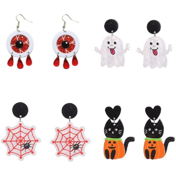 商品名4組 ハロウィン アクリル パンプキン スケルトン ゴースト スタッド イヤリング バルク 面白い 蜘蛛の巣 スカル 目玉 女性 女の子 怖いパーティー コスプレ コスチューム ホリデー ブーフェスティバル ジュエリー, アクリル, ...