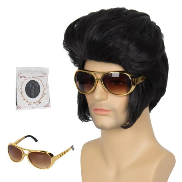 商品名:  Cosela Mens Rocker Wig with Glasses Short Black Wig with Sideburns Halloween Costume Wig Accessoriesブランド: Cosela高さ...