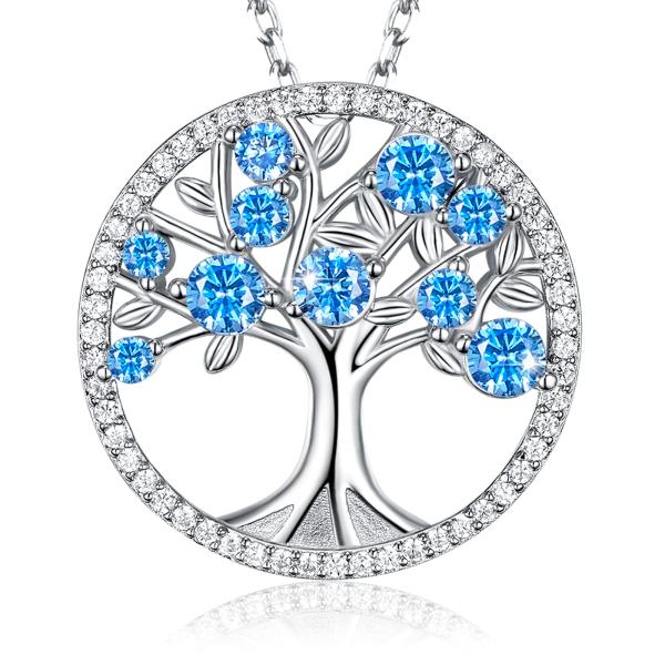 商品名: Flower Mom シルバーブルートパーズ 誕生石ネックレス レディース, スターリングシルバー, 合成トパーズ Zes-Husa March Birthstone Aquamarine Necklace Tree of Lif...