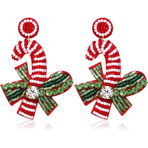 商品名ビーズ付きクリスマスダングルイヤリング レディース ガールズ スノーマン ホリデー ドリンク ペパーミント ティー ぶら下がりイヤリング ハンドメイド フェスティバル ジュエリー ギフト, ガラス, 宝石なし。Beaded Chris...
