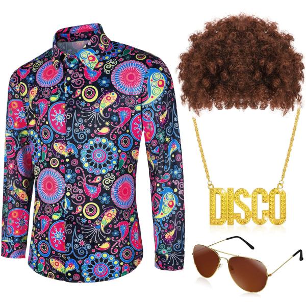 商品名:  4 Pcs Halloween Mens Disco Costume 70s Outfits 60s Hippie Costume Clown Costume Floral Vintage Shirt Afro Wig Neck...