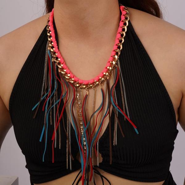 商品名Aimimier ボヘミアンレザータッセルフリンジネックビブ襟チョーカーネックレス ステートメントネックレス ゴールドチェーン コスチュームアクセサリー レディースAimimier Bohemian Leather Tassel Fr...