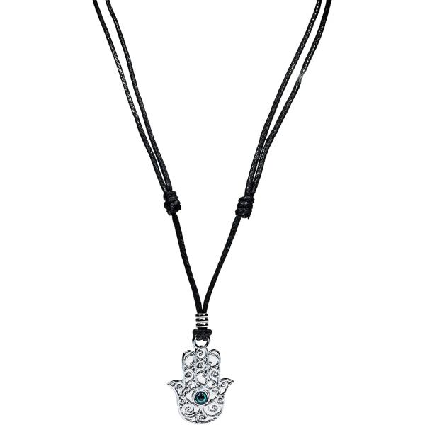 商品名BlueRica ハムサ ファティマの手と目のペンダント 調節可能なブラックロープコードネックレス(クローム仕上げ), 天然繊維, 宝石なしBlueRica Hamsa Hand of Fatima with Blue Eye on ...