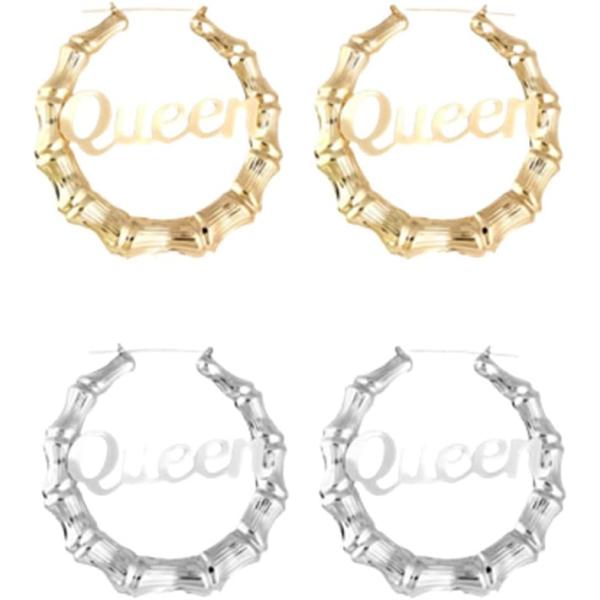商品名竹製フープピアス 2組 Lサイズ ラウンド オーバーサイズ ゴールド シルバー バンブーフープピアス ベビーガール 王族フォント ビッグサークルフープイヤリング 80年代/90年代ヒップホップファッションパーティーコスチュームアクセサ...