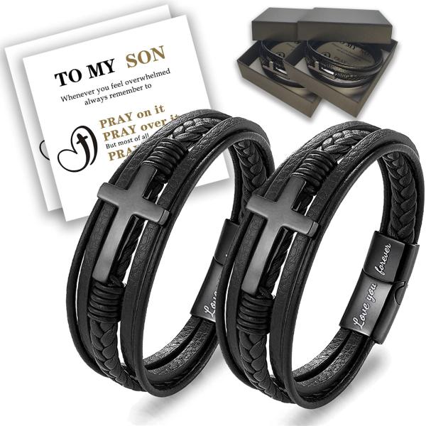 商品名:  to My Son, Love You Forever Pray Through It Leather Cross Bracelet, Cross Bracelet for Men, Men's Double Row Closu...