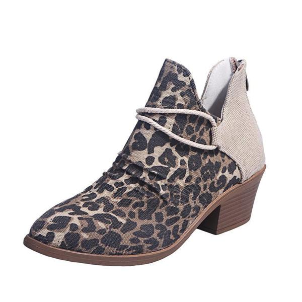 商品名:  Chunky Boots for Women Vintage Leopard Print Pointed Toe Back Zipper Block Mid Heel Ankle Booties Casual Comfy Thi...