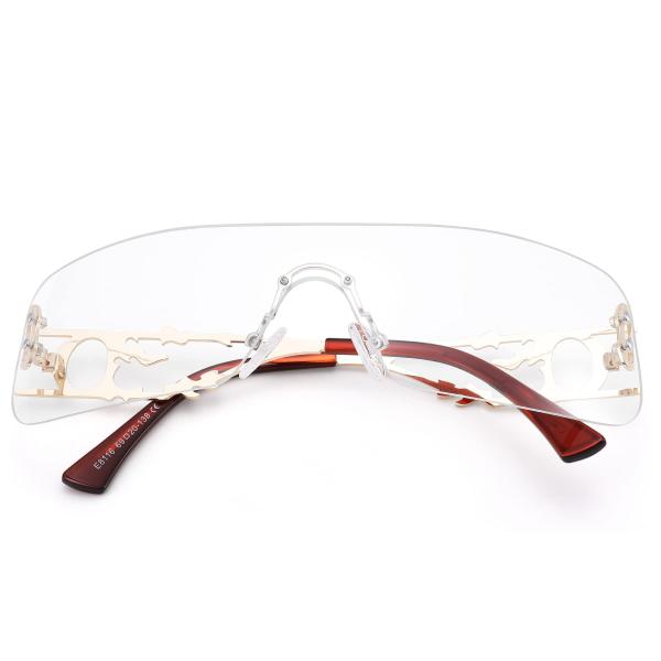 商品名: Mehhlly ラップアラウンド Y2K サングラス レディース メンズ 未来的 フレームレス グラデーションレンズ サングラス アイウェア, クリアレンズ/ゴールドフレーム, M Mehhlly Wrap Around Y2K ...