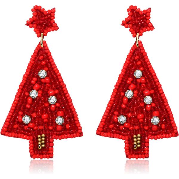 商品名女性用クリスマスイヤリング ビーズイヤリング クリスマス クリスマスツリー フラワーバスケットイヤリング ハンドメイド ステートメントドロップダングルイヤリング, ラインストーン, 宝石なしChristmas Earrings for...