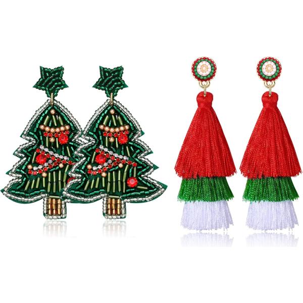 商品名女性用クリスマスイヤリング ビーズ付きクリスマスツリーダングルイヤリング 2組 クリスマス ロングタッセル 電球 ステートメントイヤリング クリスマス お祭りアクセサリー 女の子向けジュエリーギフト, 金属, 知らない2 Pairs ...