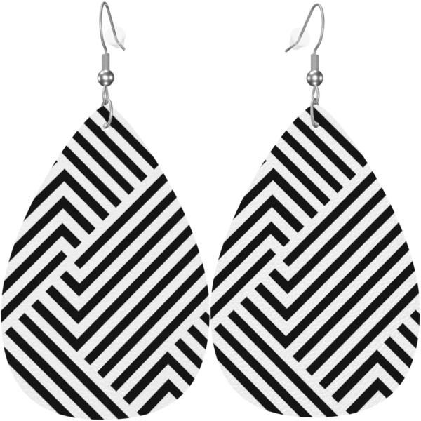 商品名イヤリング レザーイヤリング レディース ファッション フェイクレザー ダングルイヤリング ギフト ティーンの女の子や女性に, フェイクレザー, 宝石なしBlack White Lines Leather Teardrop Earri...