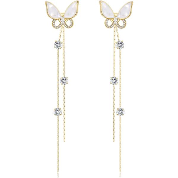 商品名Kattepote バタフライダングルイヤリング 14Kゴールドドロップタッセルイヤリング 2通りの着用方法 ジルコニア付きロングチェーンイヤリング 女性用ウェディングイヤリング, 真鍮, キュービックジルコニアKattepote B...