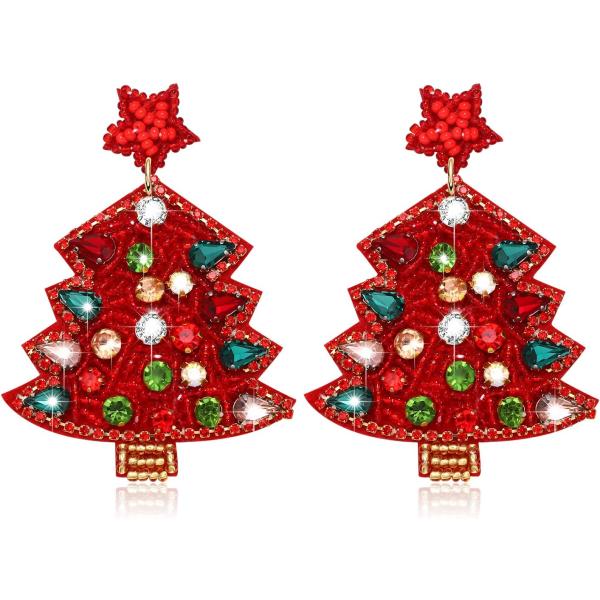 商品名レディースクリスマスイヤリング ビーズ付きクリスマスツリーダングルイヤリング 低刺激性 ハンドメイド キラキラレッドグリーン カラフルクリスタルビーズ クリスマスツリースタードロップ ダングルイヤリング 楽しいフェスティバル ホリデー...