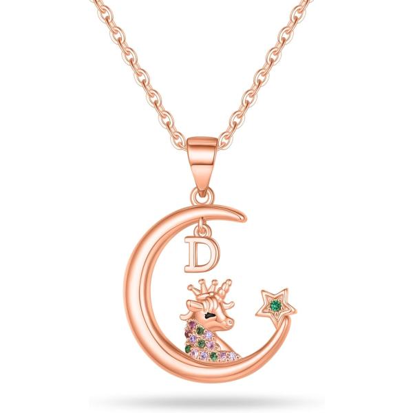 商品名女の子向けユニコーンギフト ホワイト/ローズゴールドメッキ キュービックジルコニア ユニコーンレターネックレス 女の子用ジュエリー ムーンペンダント ユニコーンイニシャルネックレス 女の子向けユニコーンネックレス 女の子向けギフト, ...