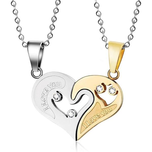 商品名BHESAJ JEWELLERS 2ピース イエローとシルバー ステンレススチール カップルネックレス ラインストーン I Love You ハートパズル マッチングペンダント チェーン付き, ステンレス鋼, ジルコンBHESAJ J...