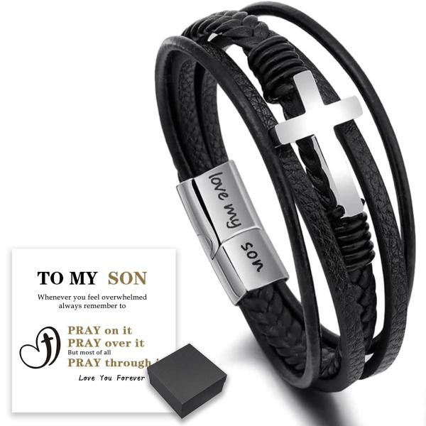 商品名:  Aphro To My Son Bracelet, Pray Through It Leather Cross Bracelet for Men, Stainless Steel Black Braided Leather Br...