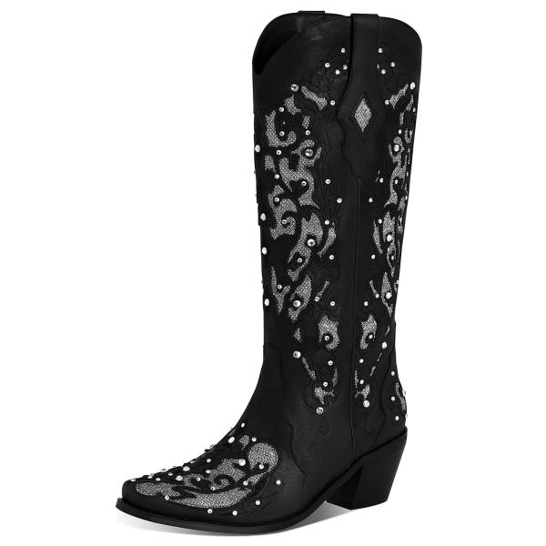 商品名:  mikarka Glitter Cowboy Boots for Women Mid-Heeled Cowgirl Boots Rhinestones Embroidery Western Mid Calf Bride Wedd...