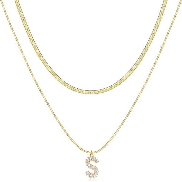 商品名NUZON レイヤリングイニシャルA~Zレターペンダントネックレス レディース 14Kゴールドメッキ ダブルスネークチェーンチョーカー パーソナライズCZキャピタルネックレス 調節可能なジュエリーギフト 16インチ/18インチ, 金メ...