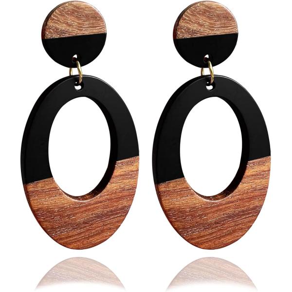 商品名Fiklon 木製イヤリング レディース 木製イヤリング ダングルアフリカンイヤリング ブラック レディース シンプル 軽量 樹脂 ドロップ ロングリーフ 幾何学イヤリング ステートメントジュエリー, 木材 樹脂, 宝石なしFiklo...