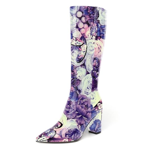 商品名:  AMBELIGHT Women's Chunky Pointed Toe Fashion Knee High Solid High Heel Zip 3.3 Inch Dating Boots Purple Flower Siz...