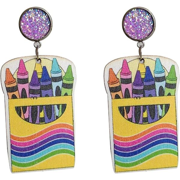 商品名かわいいぶら下がるクレヨン教師用イヤリング レディース ガールズ ハンドメイド おもしろ鉛筆 本 ウッドドロップ ダングルイヤリング レインボー 軽量 アクリル リーディングイヤリング ギフト, 木材 樹脂, 瑪瑙Cute Dangl...