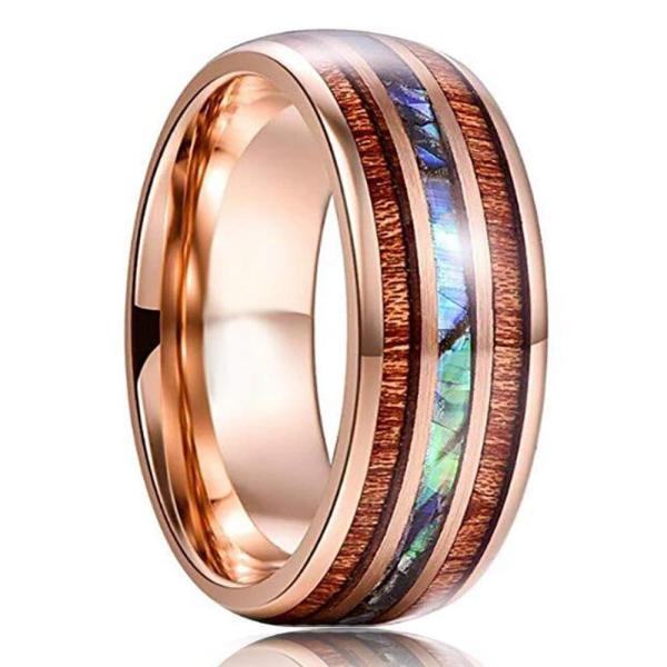 商品名:  Fashion 8Mm Rose Gold Color Stainless Steel Men's Rings Hawaiian Koa Wood And Abalone Shell Opal Inlay Ring Weddin...