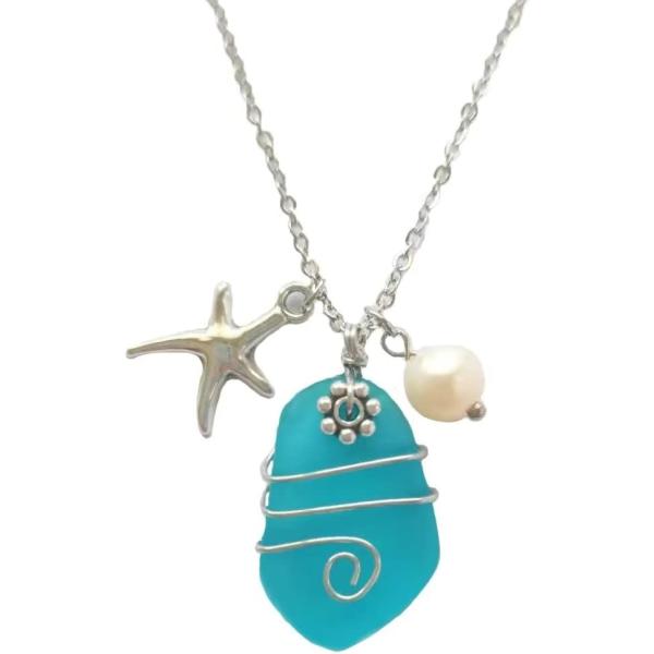 商品名シーグラスネックレス レディース ガールズ ワイヤーラップ ビーチネックレス ヒトデ&amp;淡水パール ハンドメイド シーグラス ジュエリーギフト - ピンクシーグラス&amp;ヒトデ, One Size, シーグラス, 宝石なしS...