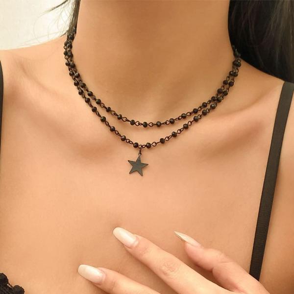 商品名Kercisbeauty ブラックボールビーズチェーンチョーカー スターペンダント ダブルレイヤーネックレス レディース ガールズ (スタイル4)Kercisbeauty Black Ball Beads Chain Choker w...