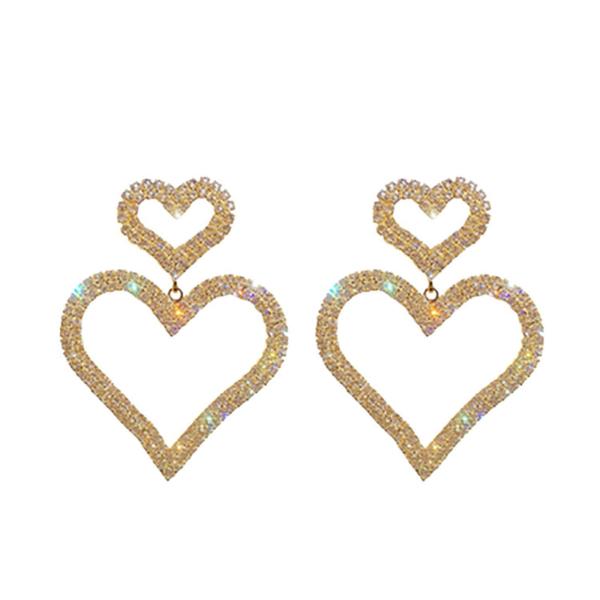 商品名:  Clip on Dangling Earrings Diamond Encrusted Double Love Earrings Temperament Everything Long Peach Heart Earrings ...
