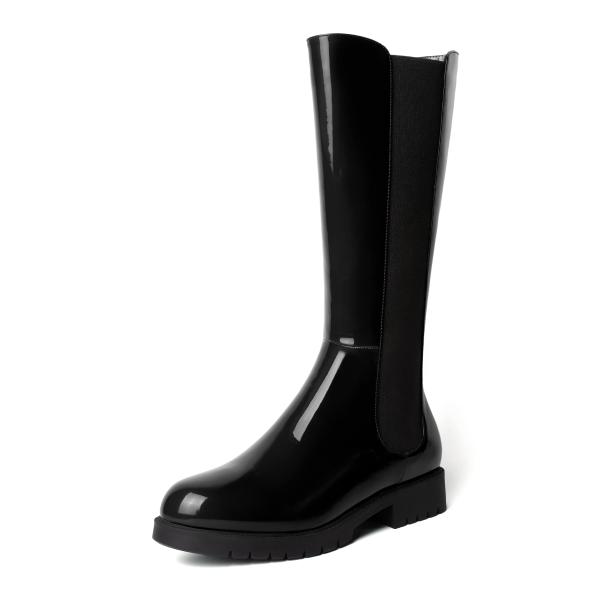 商品名:  MERRORI Women's Mid Calf Chunky 1 Inch Knee High Fashion Dating Round Toe Zip Low Heel Patent Boots Black Size 8 -...