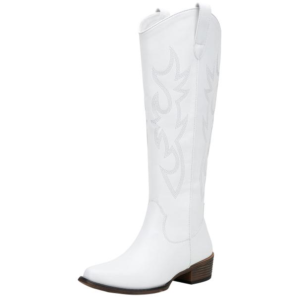 商品名:  Jeossy White Cowboy Boots for Women,Western Cowgirl Boots,Square Toe Knee High Embroided Pull on Wide Calf Boots w...