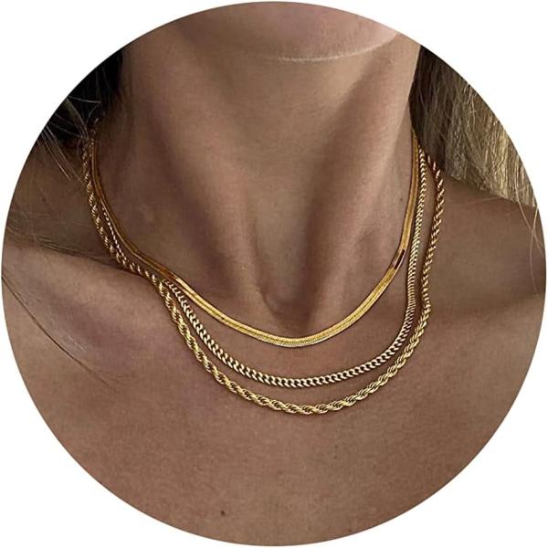 商品名DEARMAY 14Kゴールドネックレス レディース 上品なレイヤードゴールドヘリンボーンチョーカーネックレス 細いチャンキースネークチェーンネックレス ジュエリー ティーンガールギフト, 金メッキ, キュービックジルコニアDEARM...