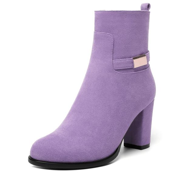 商品名:  MERRORI Women's Round Toe Solid High Heel Suede Dating Zip Ankle High Dress 3.3 Inch Chunky Boots Lavender Size 10...