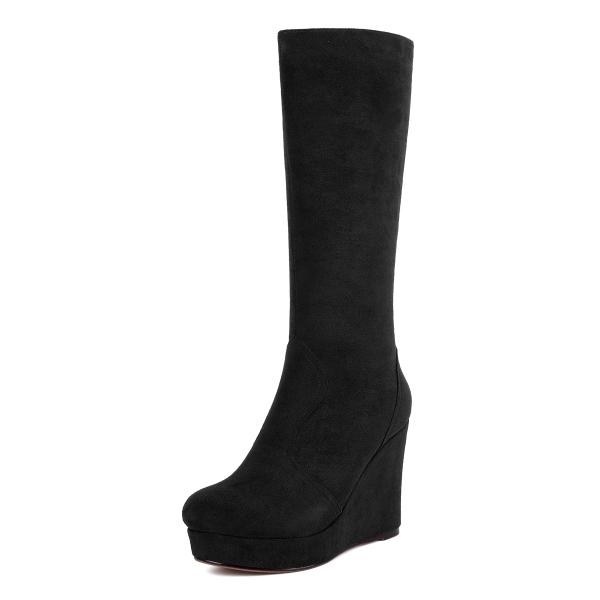 商品名:  MERRORI Women's Zip Wedge Night Club Round Toe Knee High boots 4 Inch Fashion Platform Mid Calf Suede High Heel Bo...