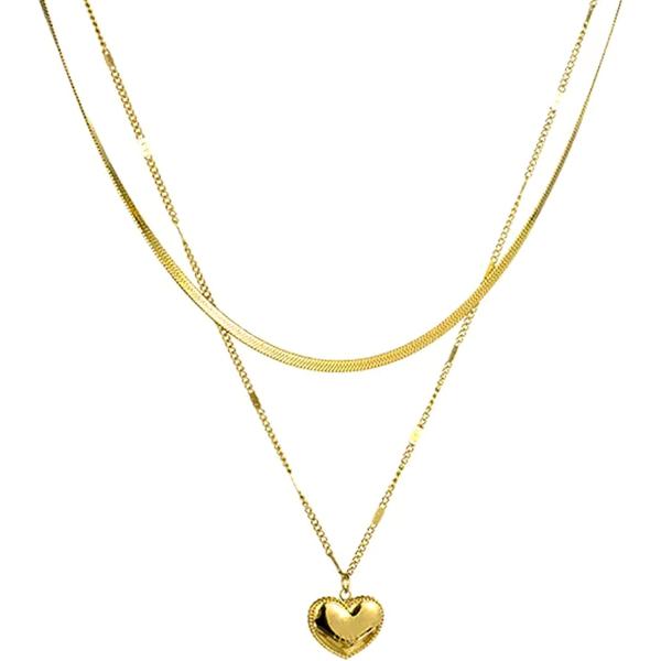 商品名18K Gold Plated Herringbone Choker Necklaces Double Layered Snake Chain Necklace Heart Necklace Layering Chain Link N...