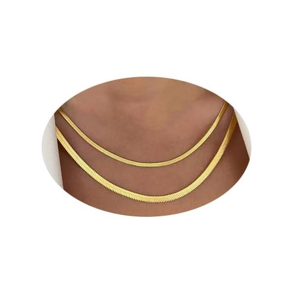 商品名YOOESTORES82 14Kゴールドヘリンボーンチョーカーネックレス 2層スネークボーンネックレス スネークチェーン ヘリンボーンチェーンネックレス 重ね着キューバチェーンネックレス レディース, 金属, 合金。YOOESTORE...