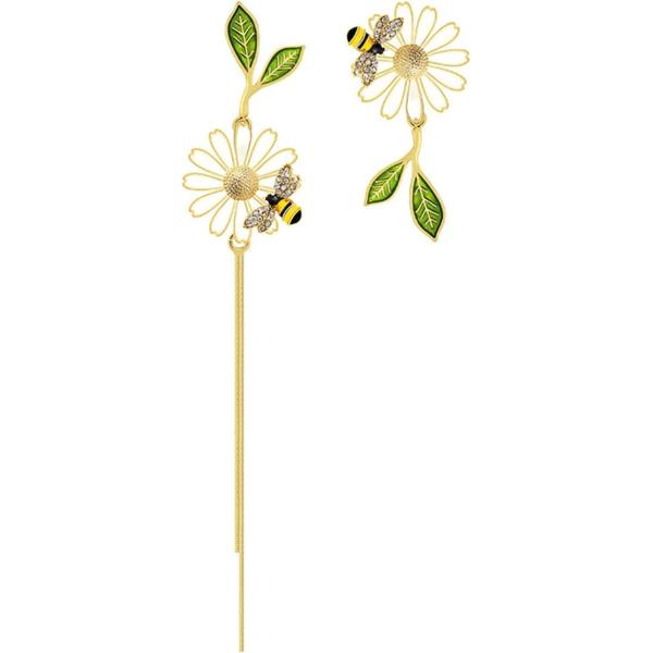 商品名デイジーフラワーダングルイヤリング 蜂 蝶 葉 ガーデンスタイル 植物イヤリング 非対称デザイン ロングテールチェーン タッセルイヤリング 女性用, パール, 宝石なしDaisy Flower Dangle Earrings Bee ...