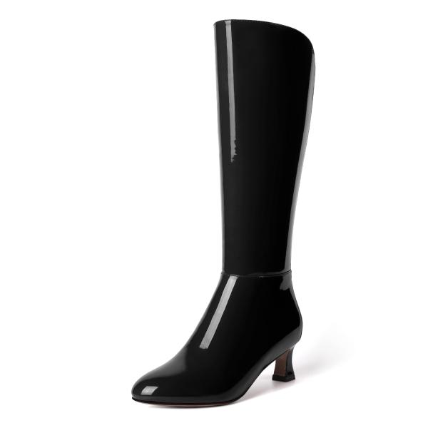 商品名:  MERRORI Women's Low Heel Round Toe Patent Casual Knee High Mid Calf Kitten Zip 2 Inch Boots Black Size 11 - Sapato...