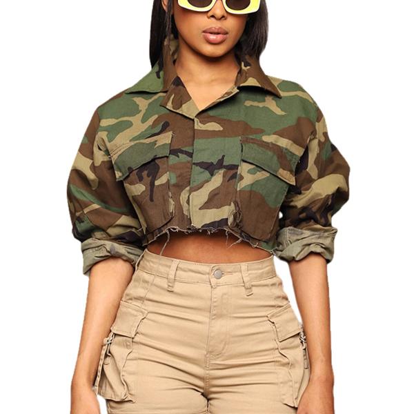 商品名:  Rxozrxoz Camo Jacket for Women Cropped Denim Bomber Jacket army fatigue Camouflage Jacket Long Sleeve Button Down ...