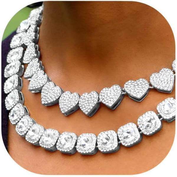 商品名WKTYCCT 2pcs Cuban Link Chain for Women Clustered Diamond Tennis Necklace Iced Out Miami Cuban Necklace 15mm Heart Ne...