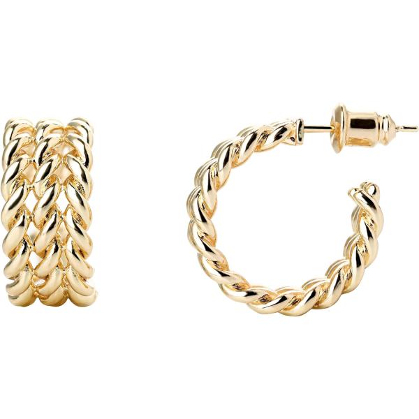 商品名14K 純金メッキ 925スターリングシルバー ポスト 3列ツイストロープ ラウンドフープイヤリング レディース 19mm (0.75インチ), 真鍮, 宝石なし14K Real Gold Plated 925 Sterling Si...