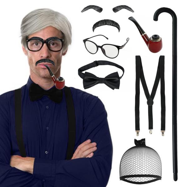 商品名:  IMEYLE 10 Pcs Set Old Men Wig (Eyebrows+Mustache+Glasses+Cane+Suspenders+Bow Tie +Pipe) 100 Days of School Grandpa...